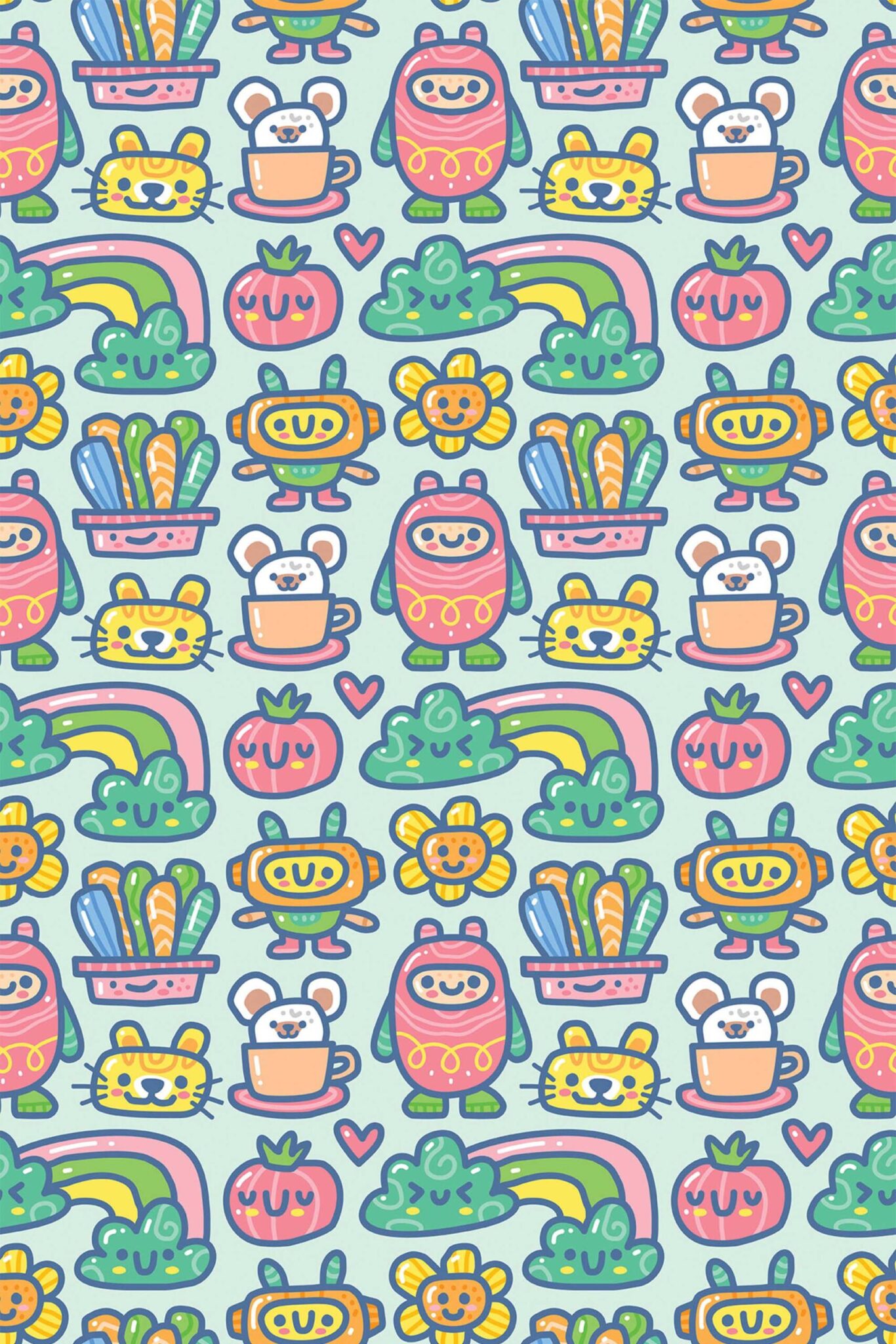 Green Playful Kawaii Cactus Friends Peel and Stick Wallpaper or Non-Pasted