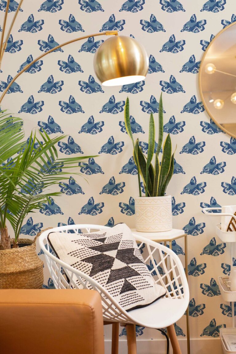 Navy blue fish Peel and Stick Wallpaper or Non-Pasted