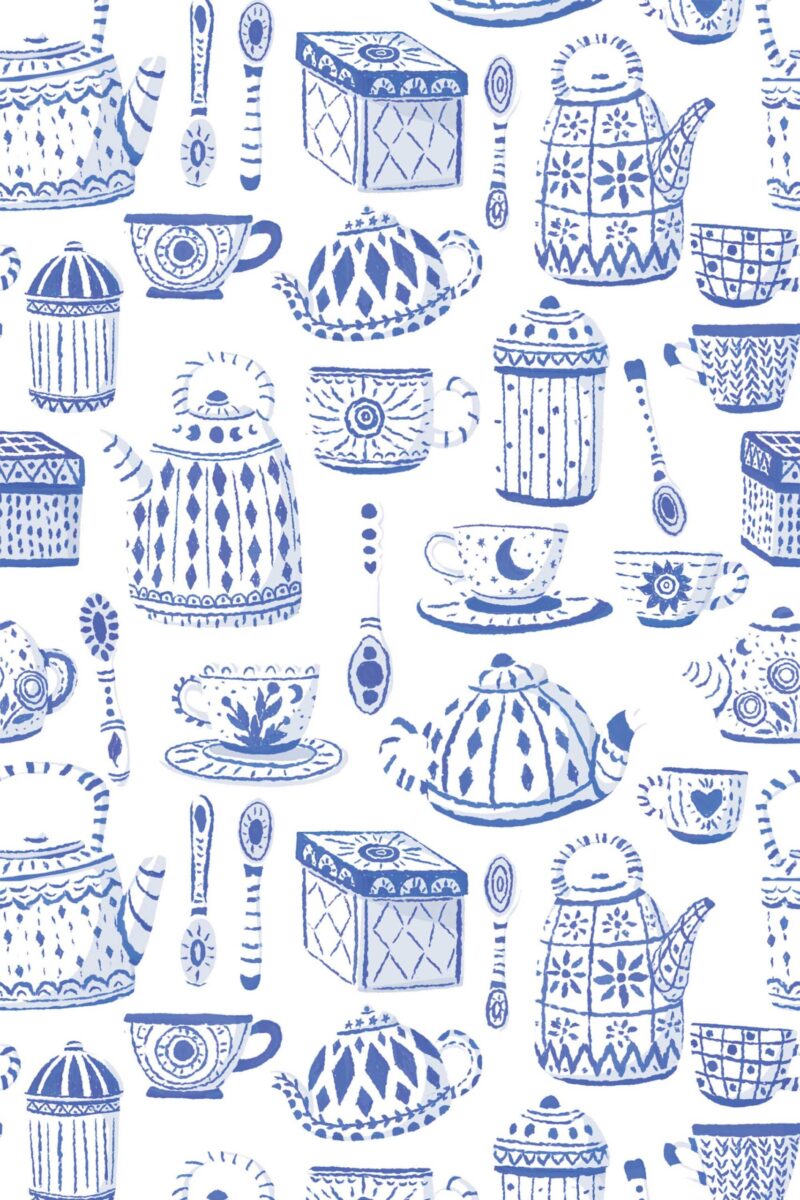 Blue and White Tea Set Peel and Stick Wallpaper or Non-Pasted