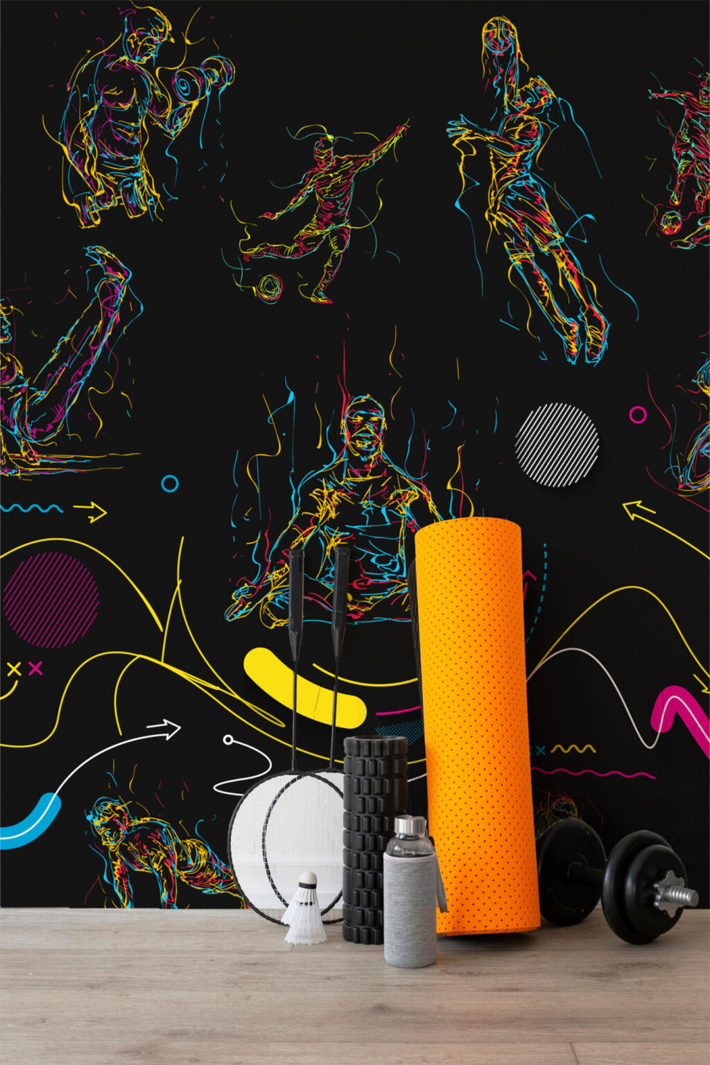 Dark Line Art Sports Collage Peel and Stick Wall Mural or Non-Pasted