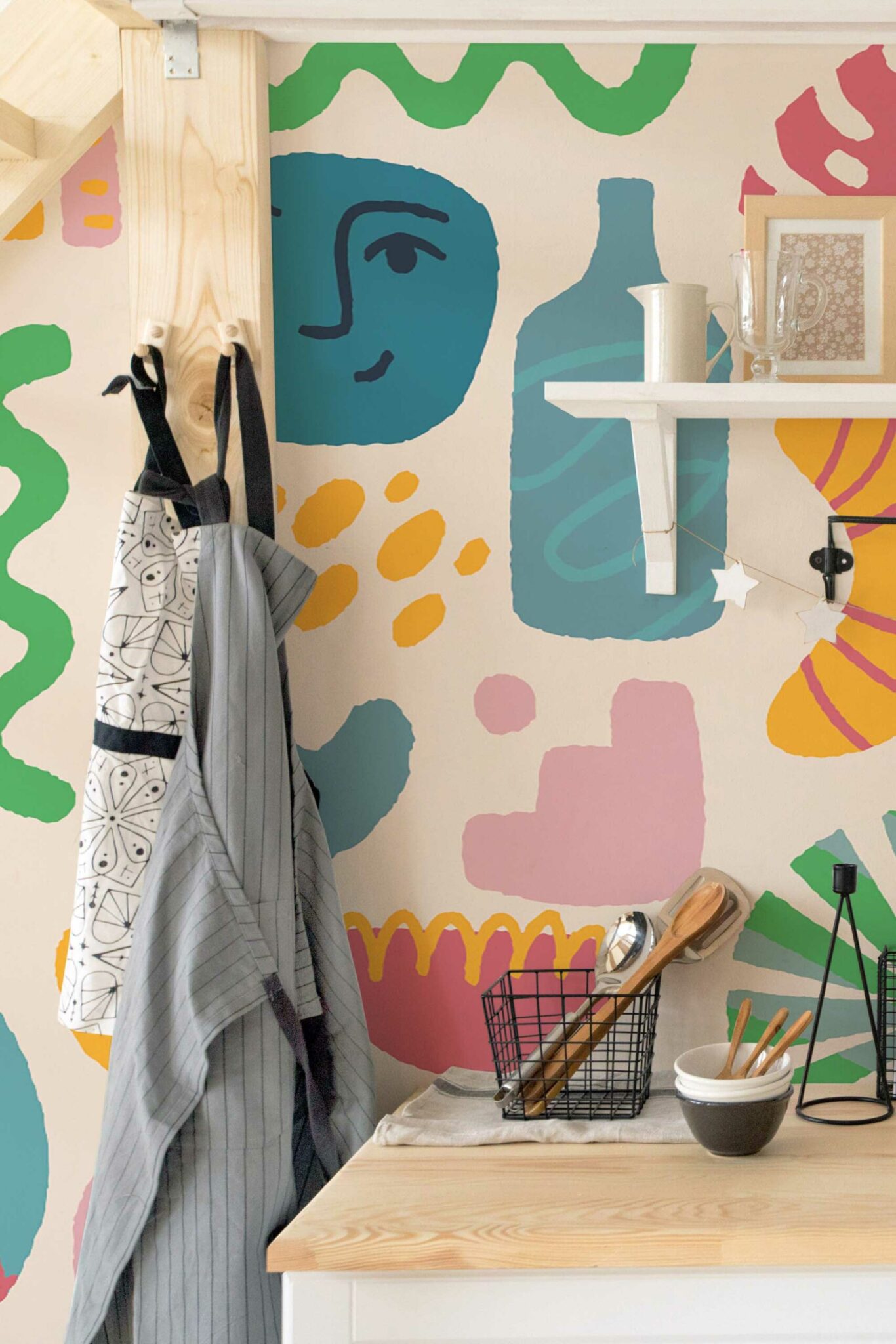 Cheerful Cute Kitchen Peel and Stick Wall Mural or Non-Pasted