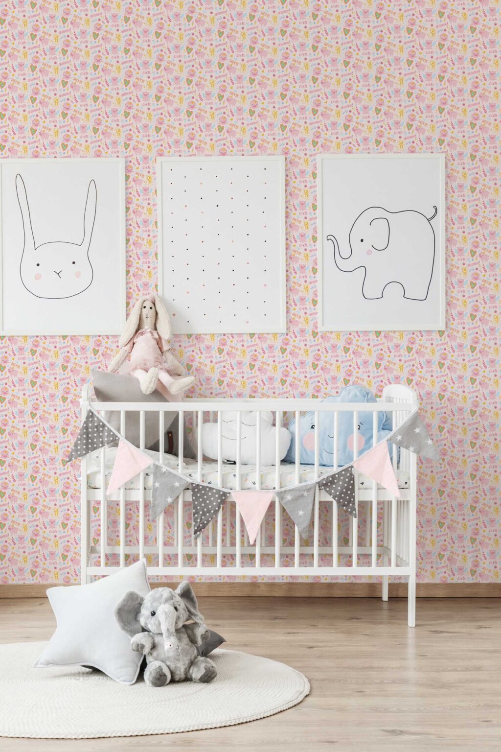 Pink Cute Kawaii Piglet Joy Peel and Stick Wallpaper or Non-Pasted