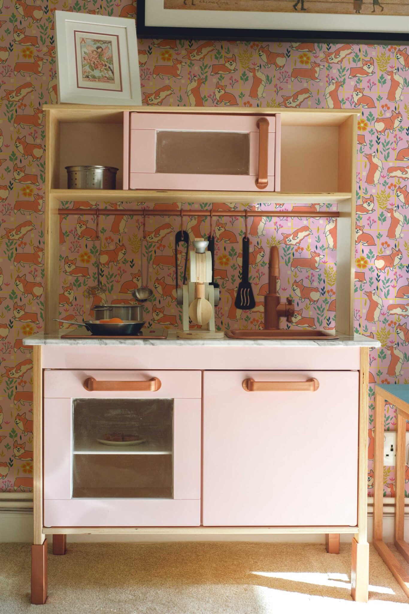Pink Playful Kawaii Corgis Peel and Stick Wallpaper or Non-Pasted