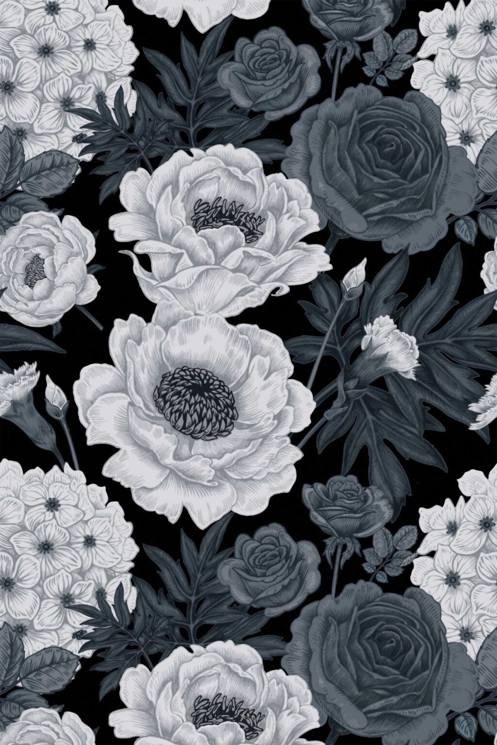 Soft Gray Monochrome Roses Peel and Stick Wallpaper or Non-Pasted