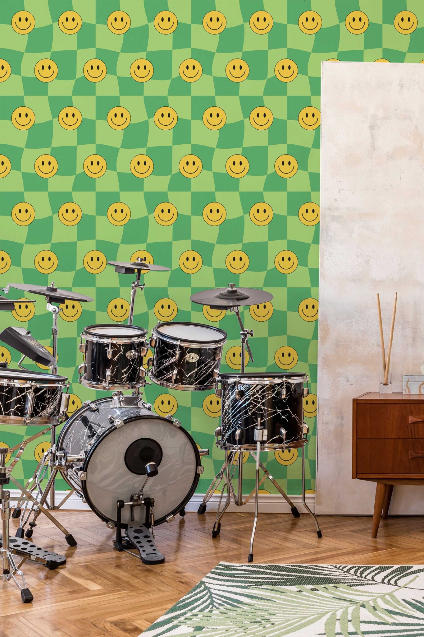 Green Funky Smiley Peel and Stick Wallpaper or Non-Pasted