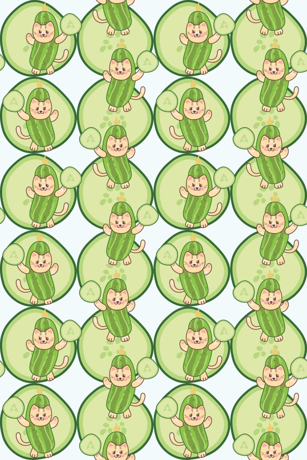 Green Cute Pickle Cat Peel and Stick Wallpaper or Non-Pasted