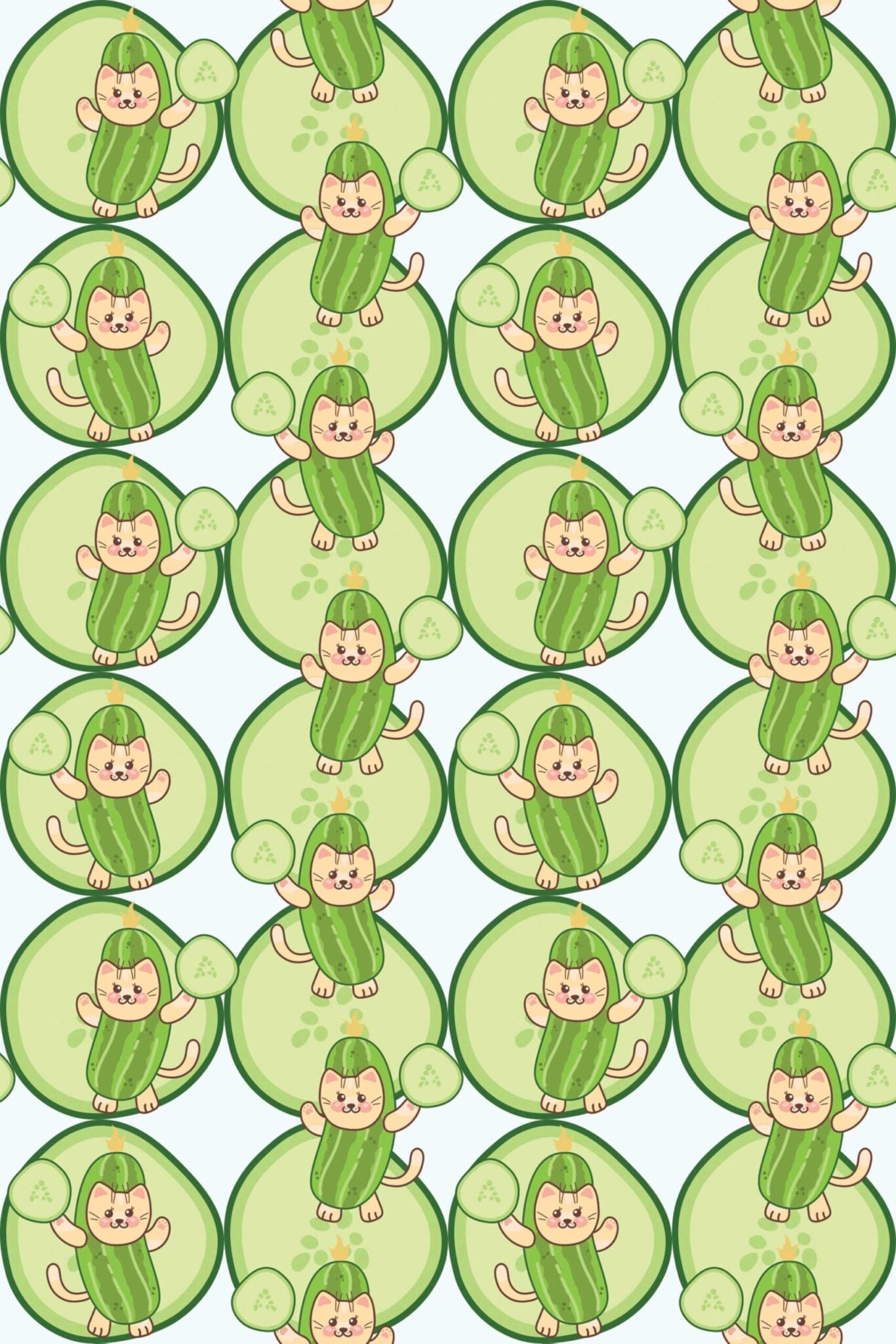 Green Cute Pickle Cat Peel and Stick Wallpaper or Non-Pasted
