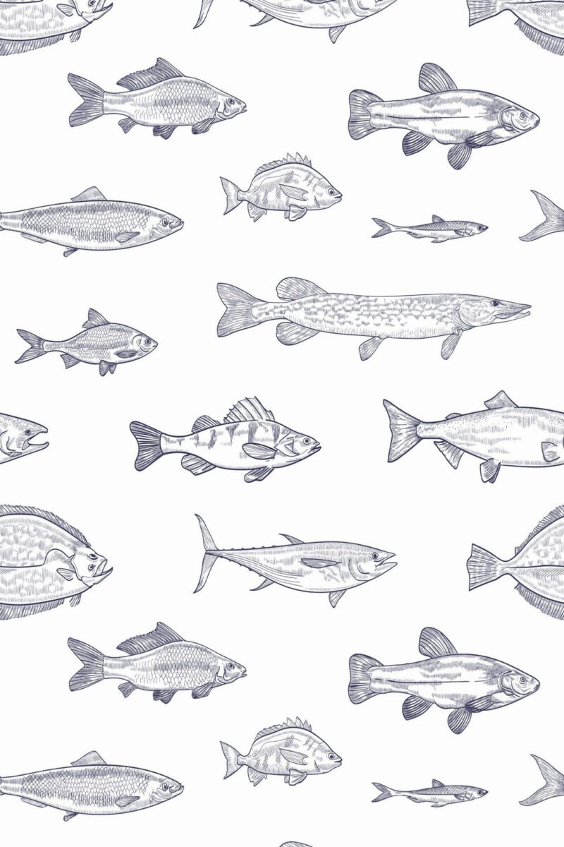 Navy blue fish Peel and Stick Wallpaper or Non-Pasted