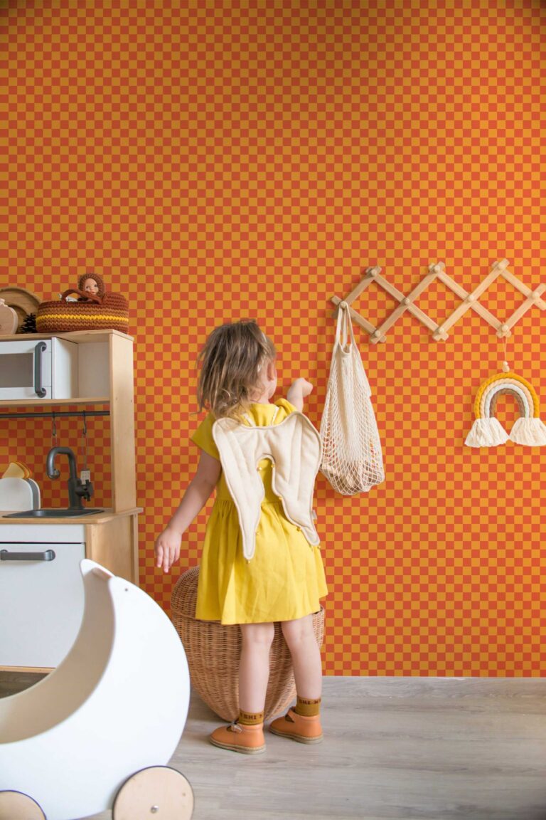 Orange and Red Checkered Peel and Stick Wallpaper or Non-Pasted