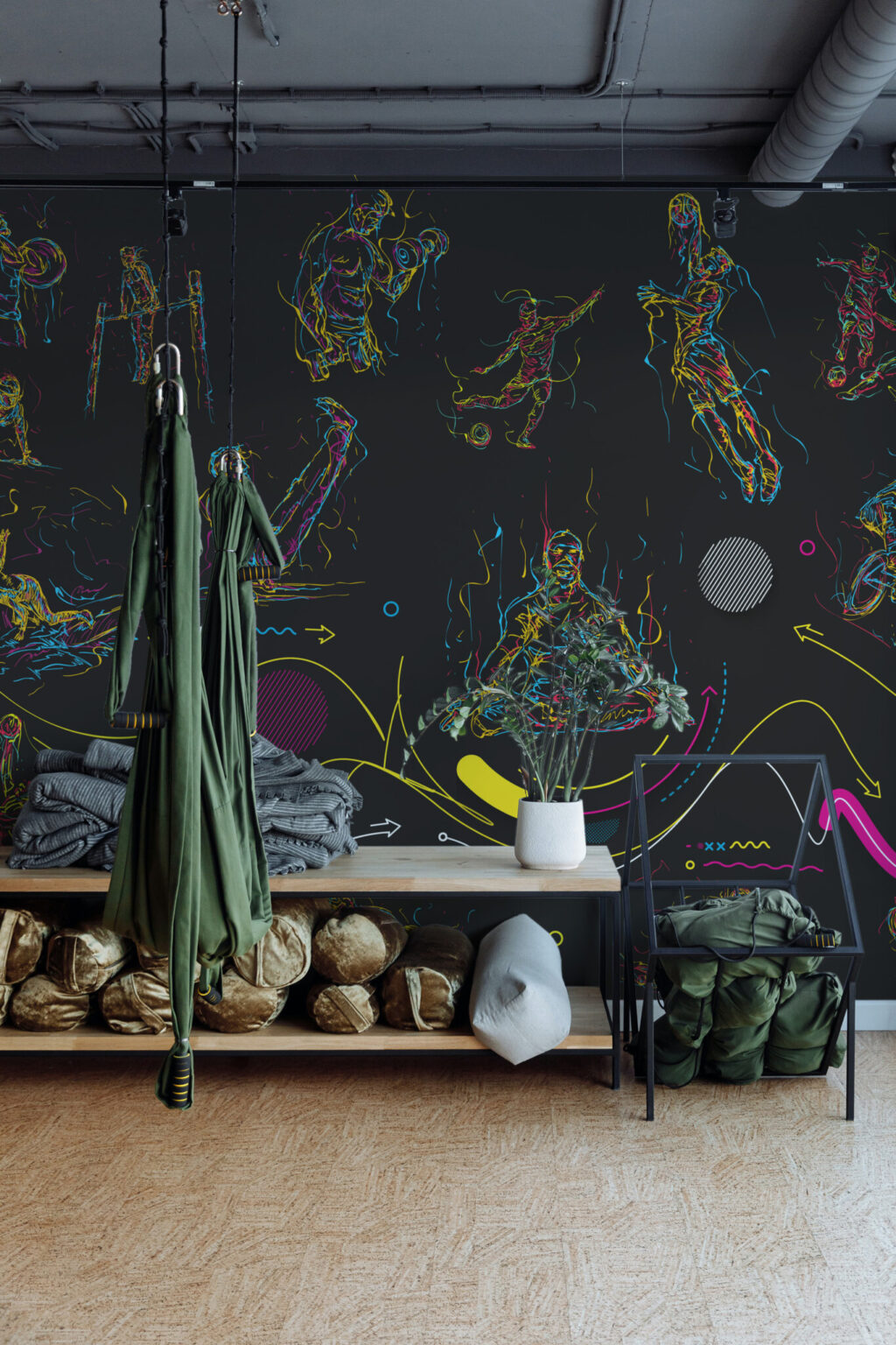 Dark Line Art Sports Collage Peel and Stick Wall Mural or Non-Pasted