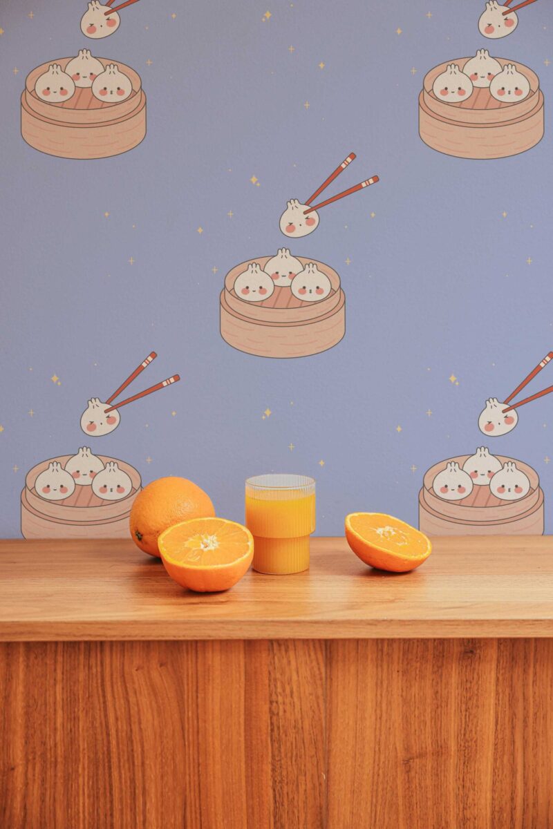 Purple Cute Kawaii Dumplings Peel and Stick Wallpaper or Non-Pasted