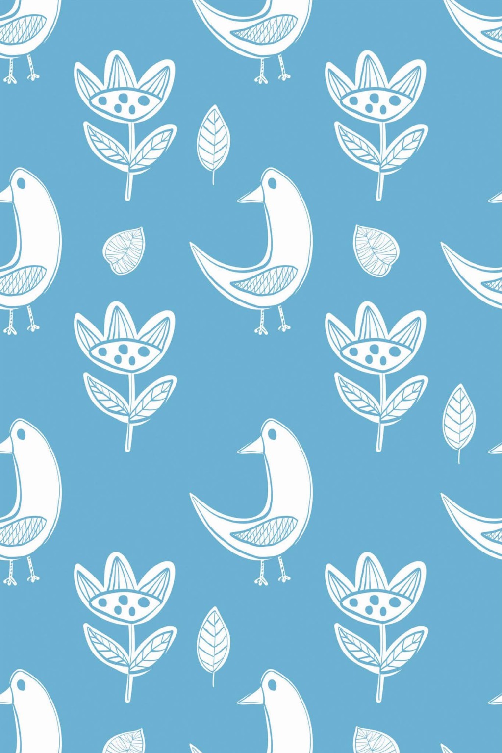 Blue Scandinavian floral design Peel and Stick Wallpaper or Non-Pasted