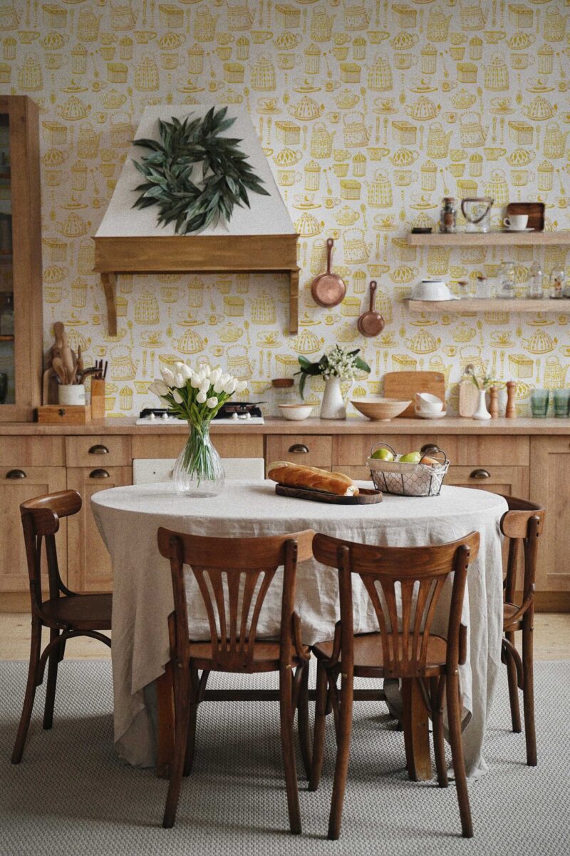 Yellow Tea Set Peel and Stick Wallpaper or Non-Pasted