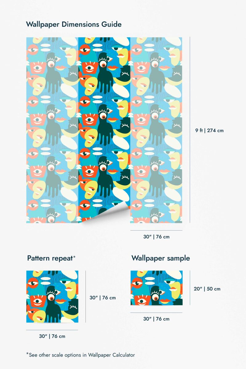 Blue Abstract Faces Peel and Stick Wallpaper or Non-Pasted