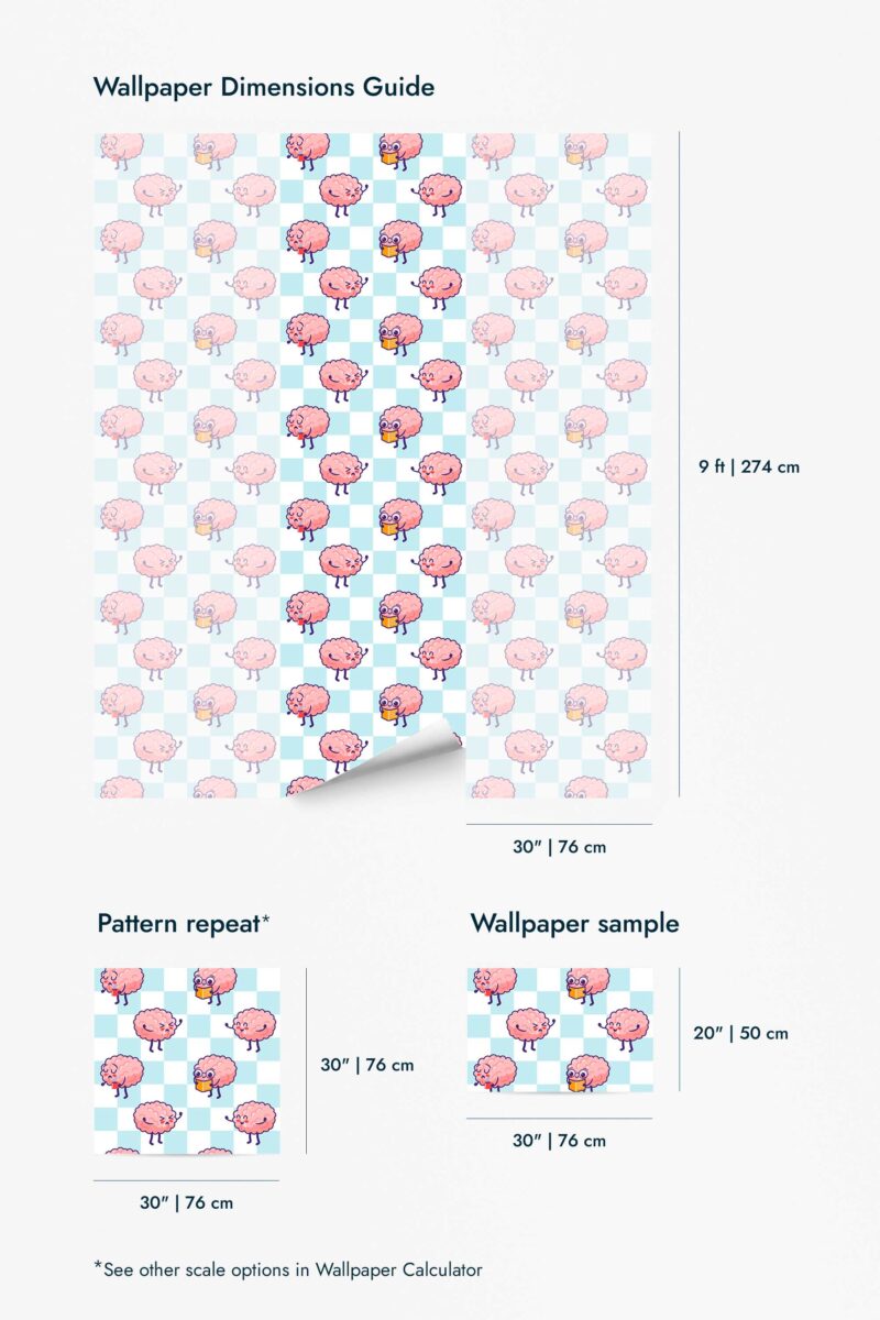 Cheerful Blue and White Kawaii Brain Peel and Stick Wallpaper or Non-Pasted