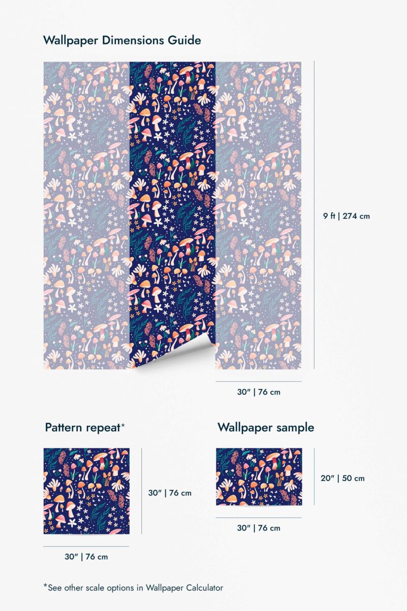 Blue Mushroom Garden Peel and Stick Wallpaper or Non-Pasted
