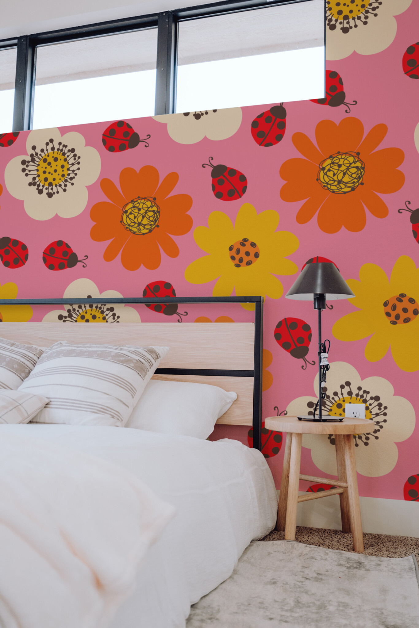 Sunny Ladybug Flowers Peel and Stick Wall Mural or Non-Pasted
