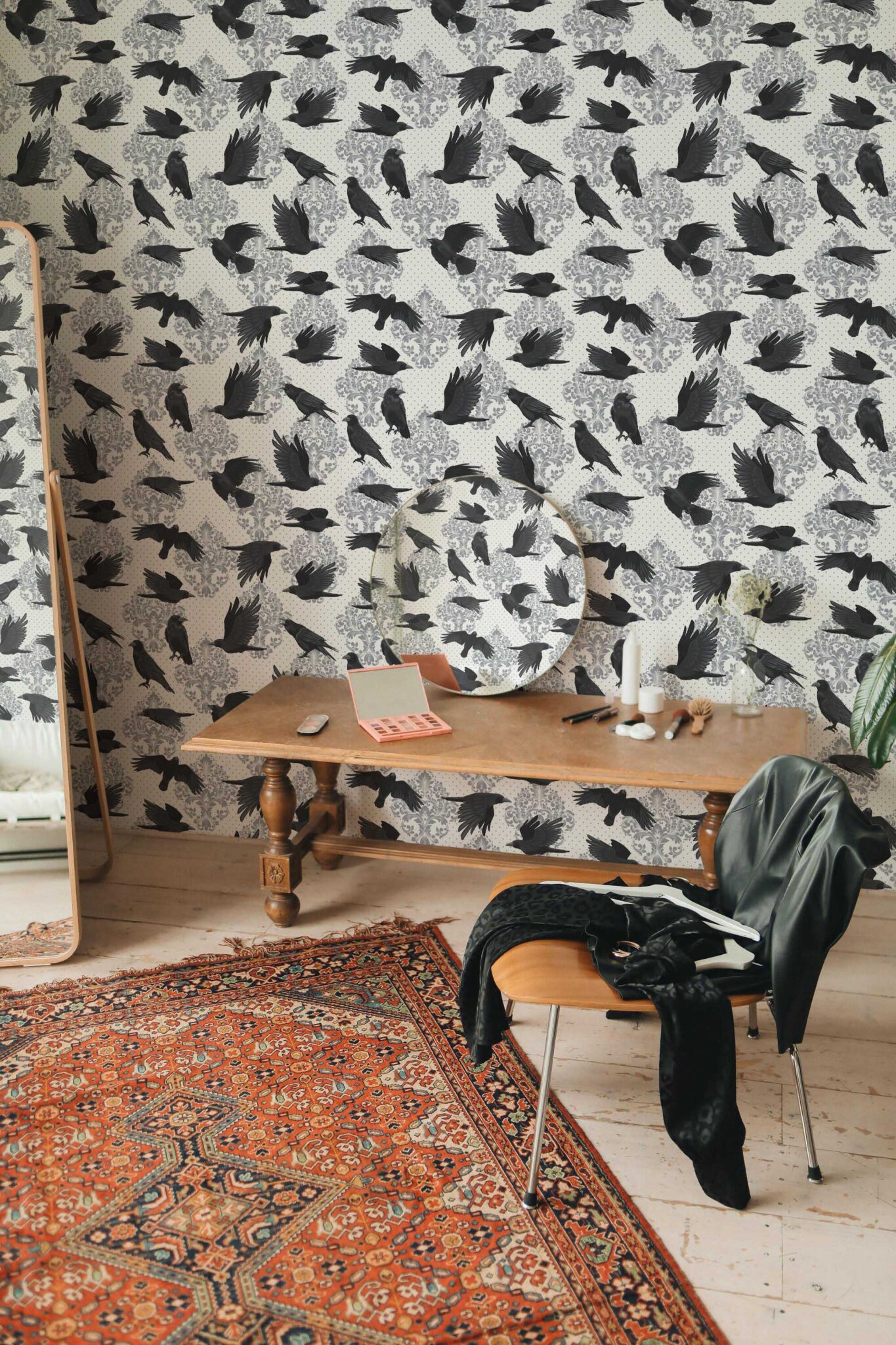 Damask Raven Dance Wallpaper Peel and Stick / Non-pasted