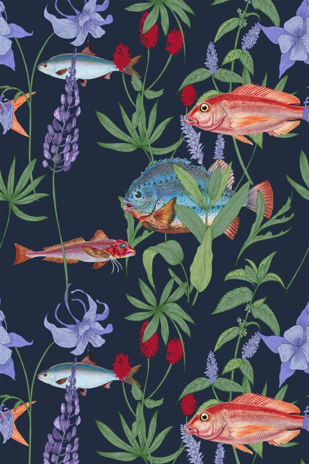 Floral fish Peel and Stick Wallpaper or Non-pasted