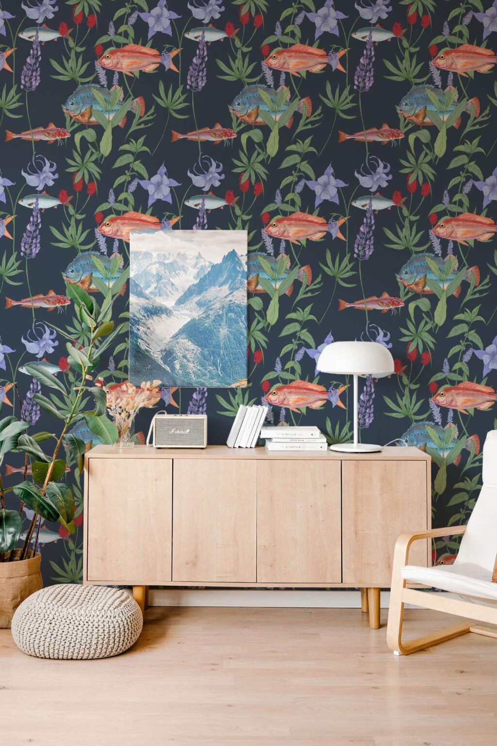 Floral fish Peel and Stick Wallpaper or Non-pasted