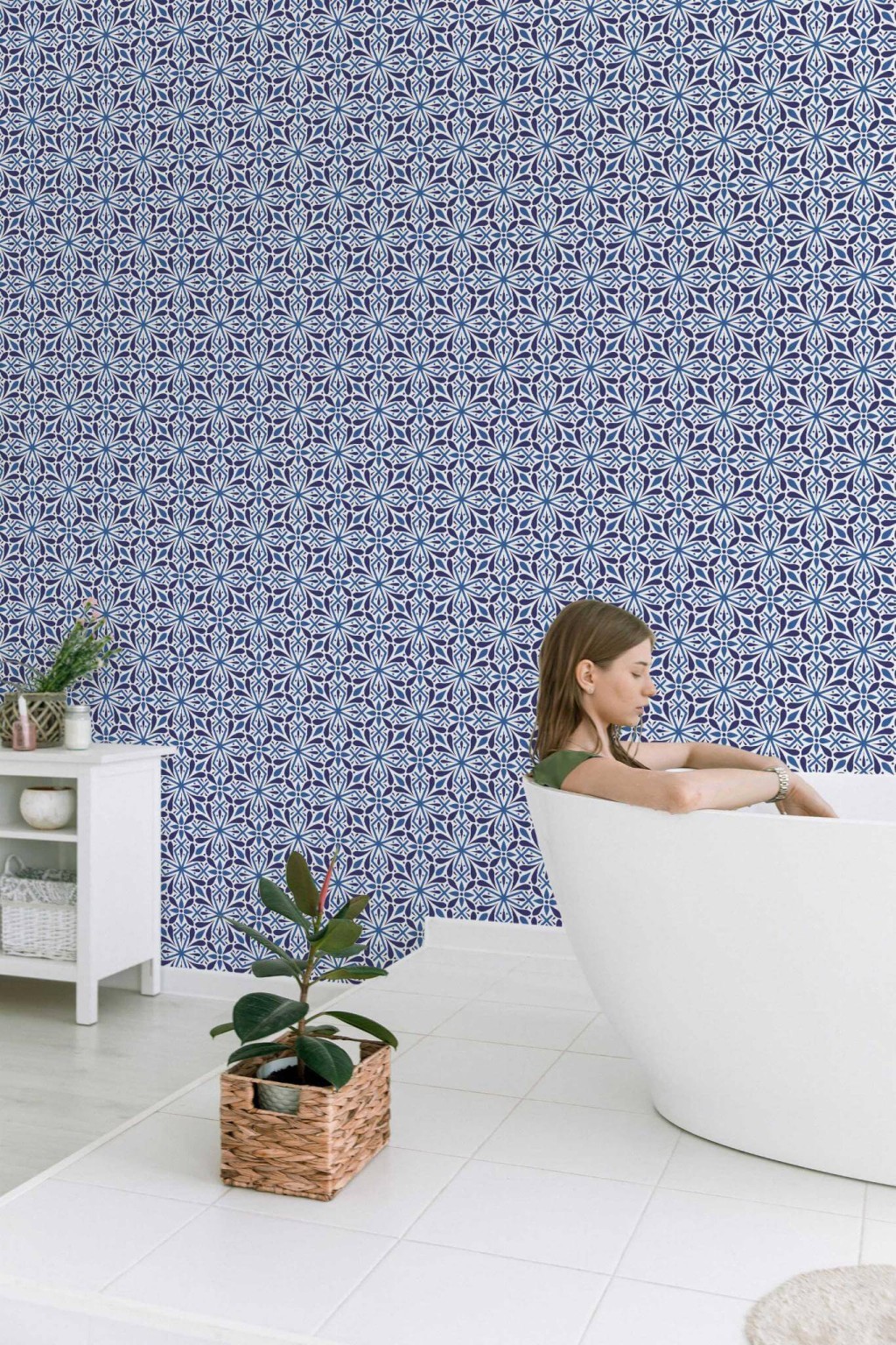 Blue Tile Bathroom Wallpaper